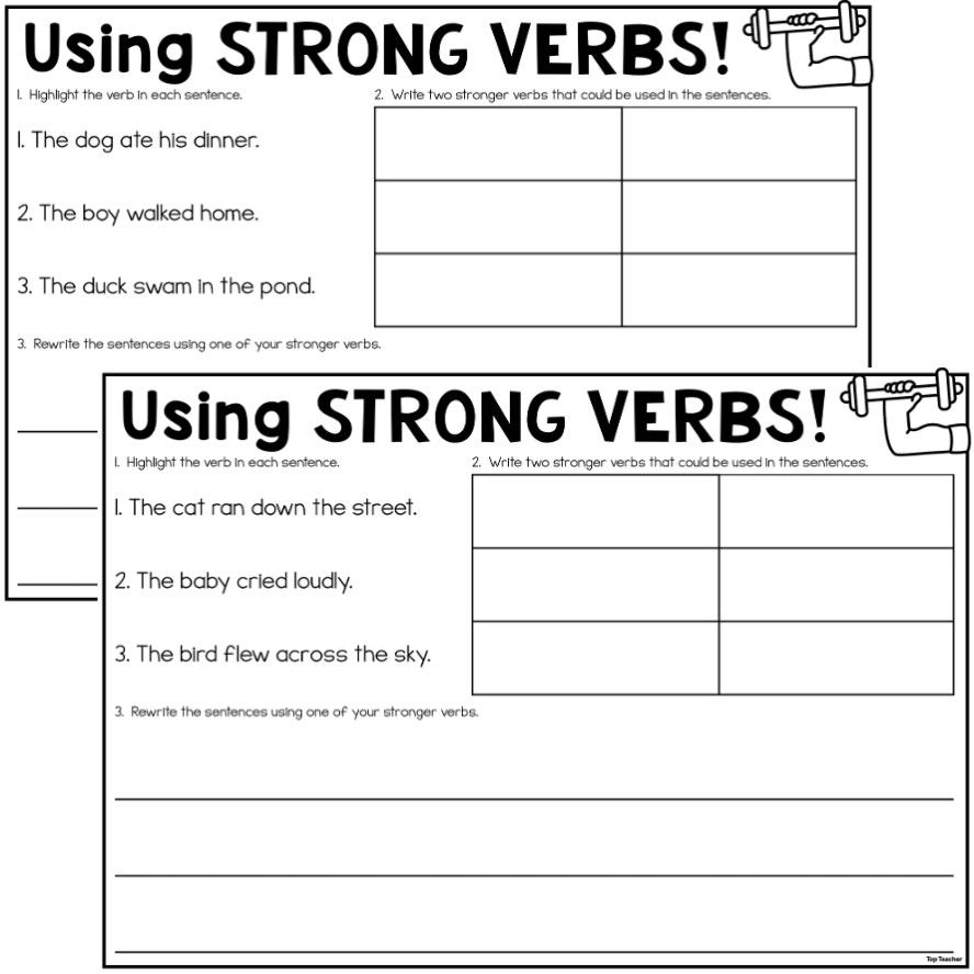 Using Strong Verbs Worksheets - Top Teacher