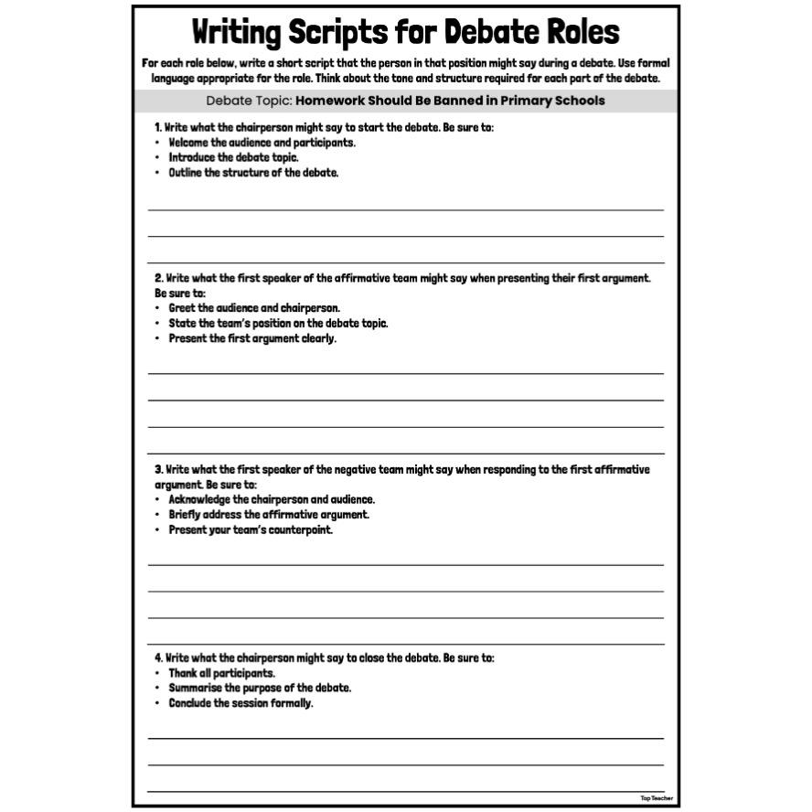 Writing Scripts for Debate Roles Worksheets - Top Teacher