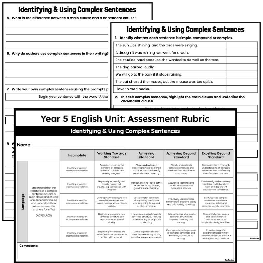 Identifying & Using Complex Sentences Assessment - Top Teacher