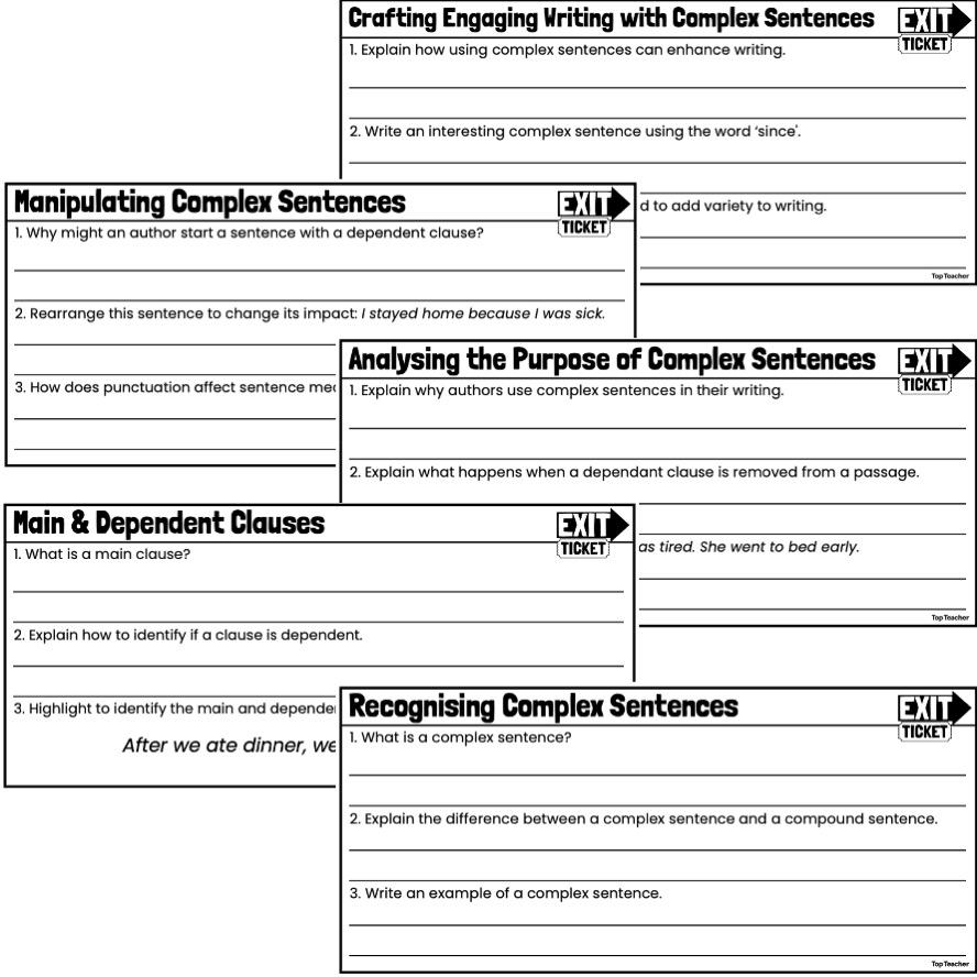 Identifying & Using Complex Sentences Exit Tickets PACKAGE - Top Teacher