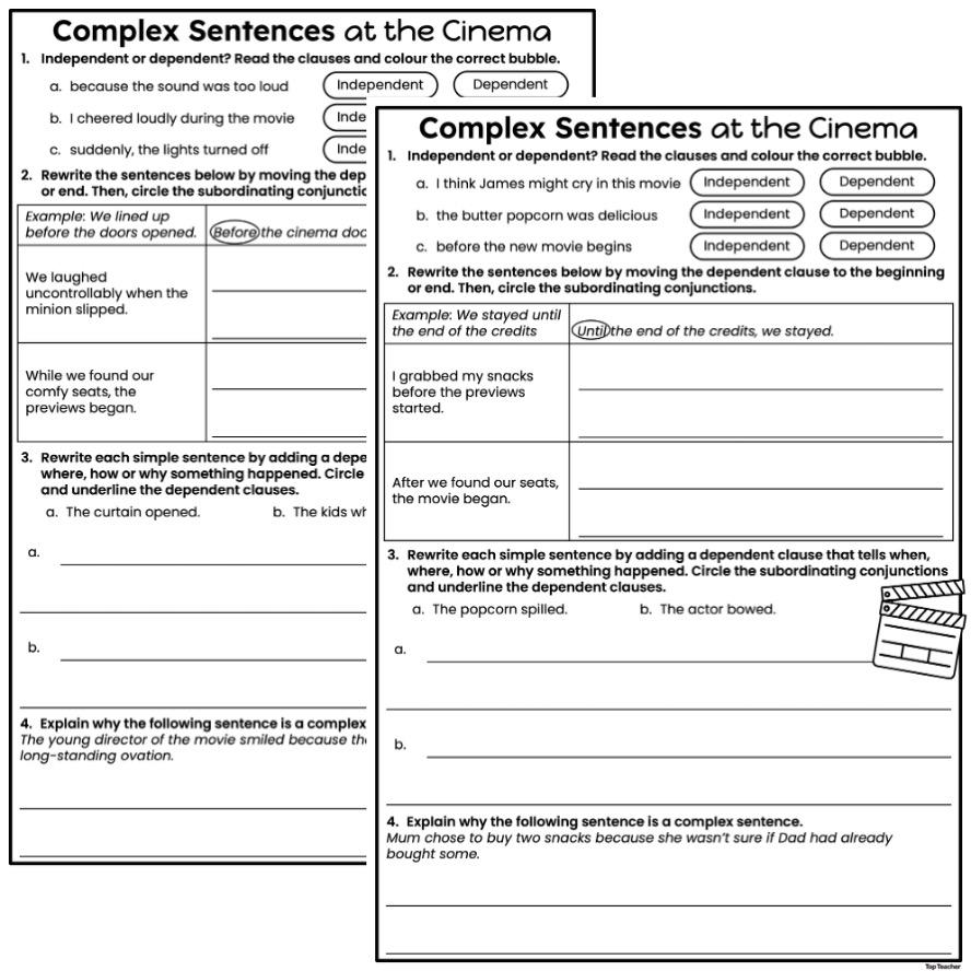 Complex Sentences at the Cinema Worksheets - Top Teacher