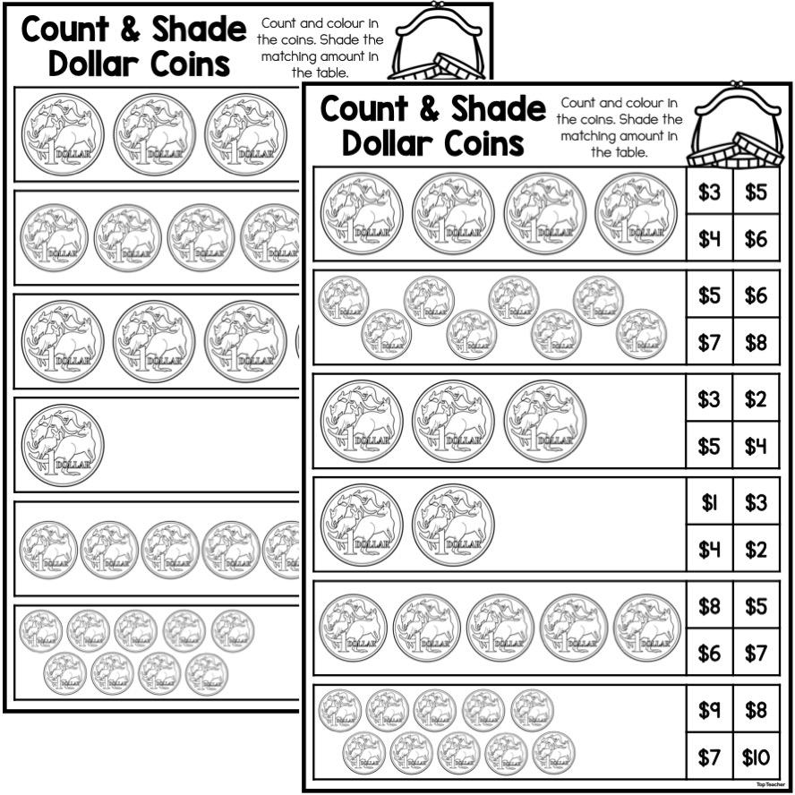 Count & Shade Dollar Coins Worksheets - Top Teacher