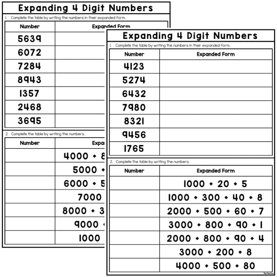 Expanding 4 Digit Numbers: Place Value Worksheets - Top Teacher