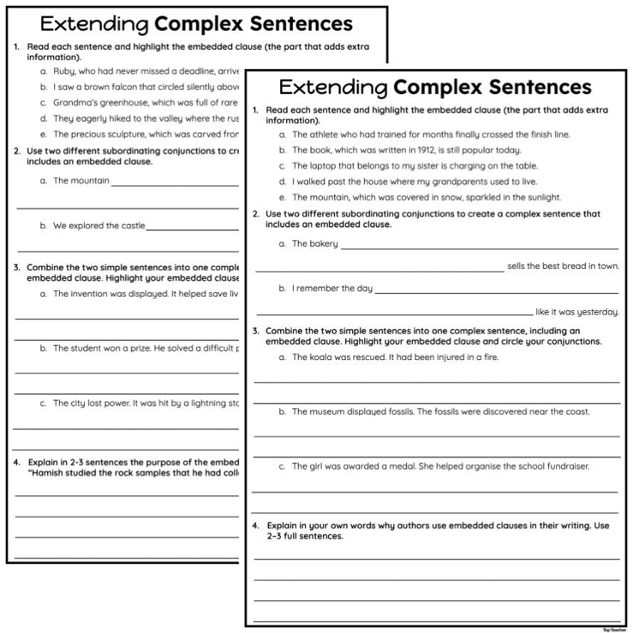 Extending Complex Sentences Worksheets - Top Teacher