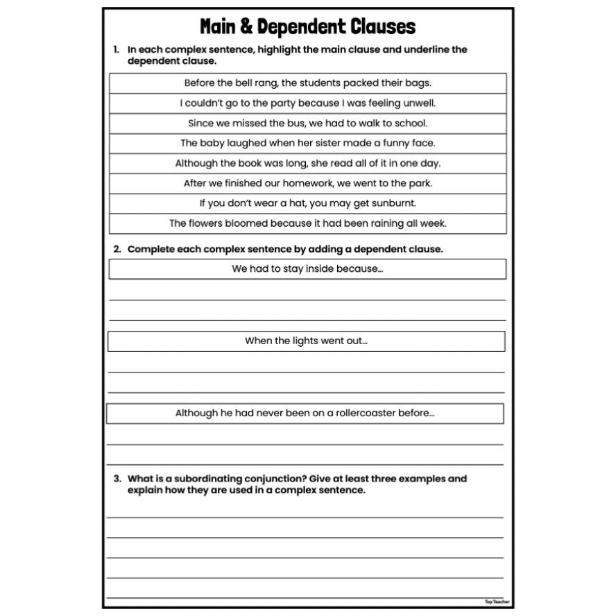 Main & Dependent Clauses Worksheets - Top Teacher