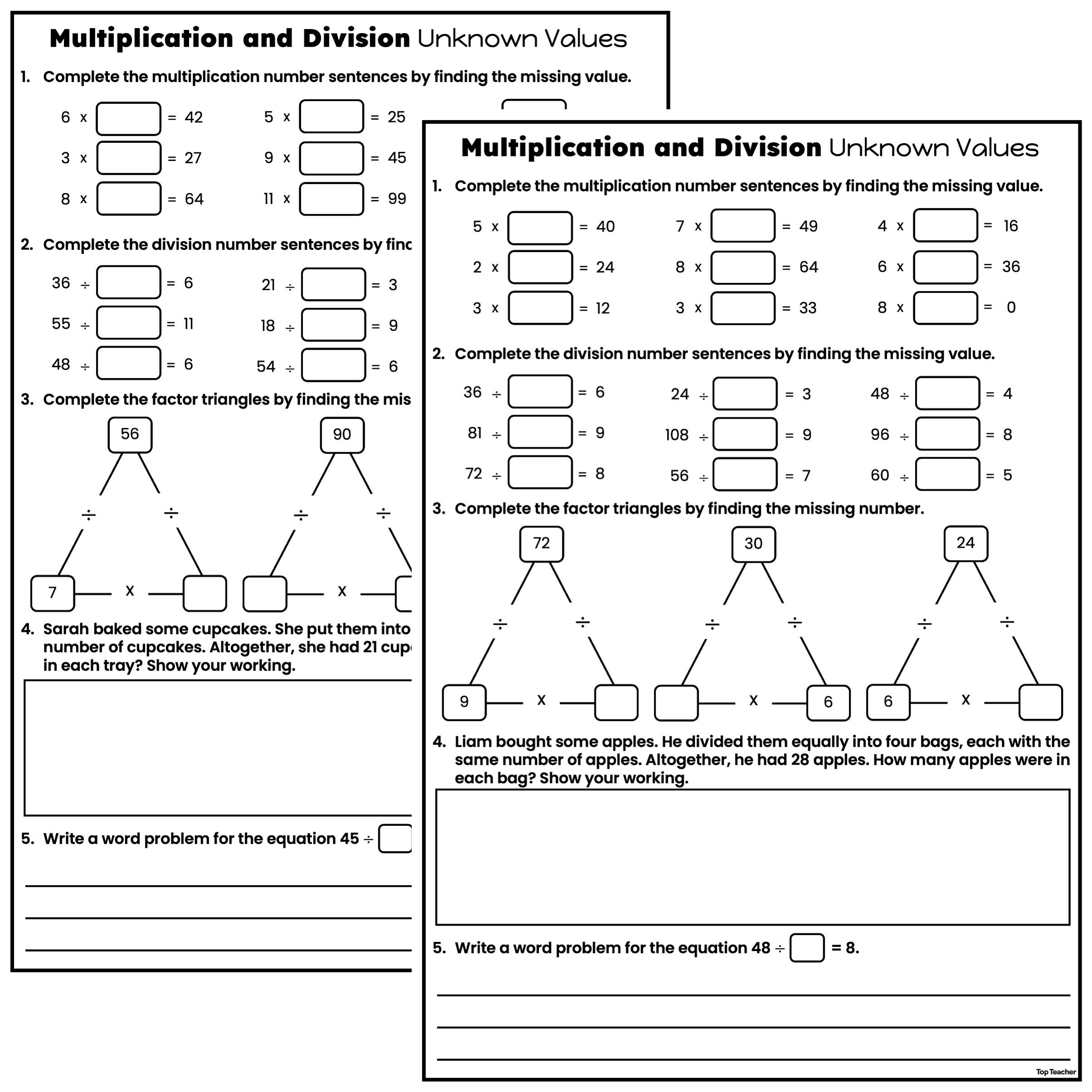 Multiplication and Division Unknown Values Worksheets - Top Teacher