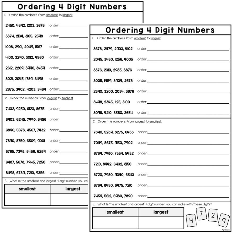 Ordering 4 Digit Numbers: Place Value Worksheets - Top Teacher