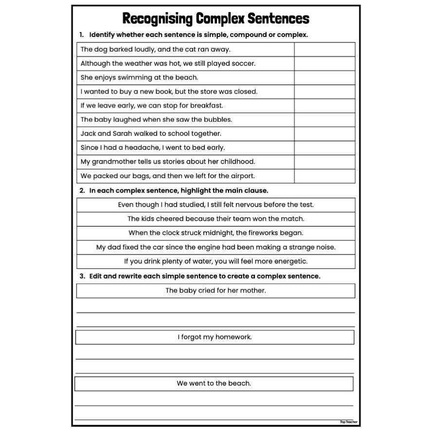 Recognising Complex Sentences Worksheets - Top Teacher