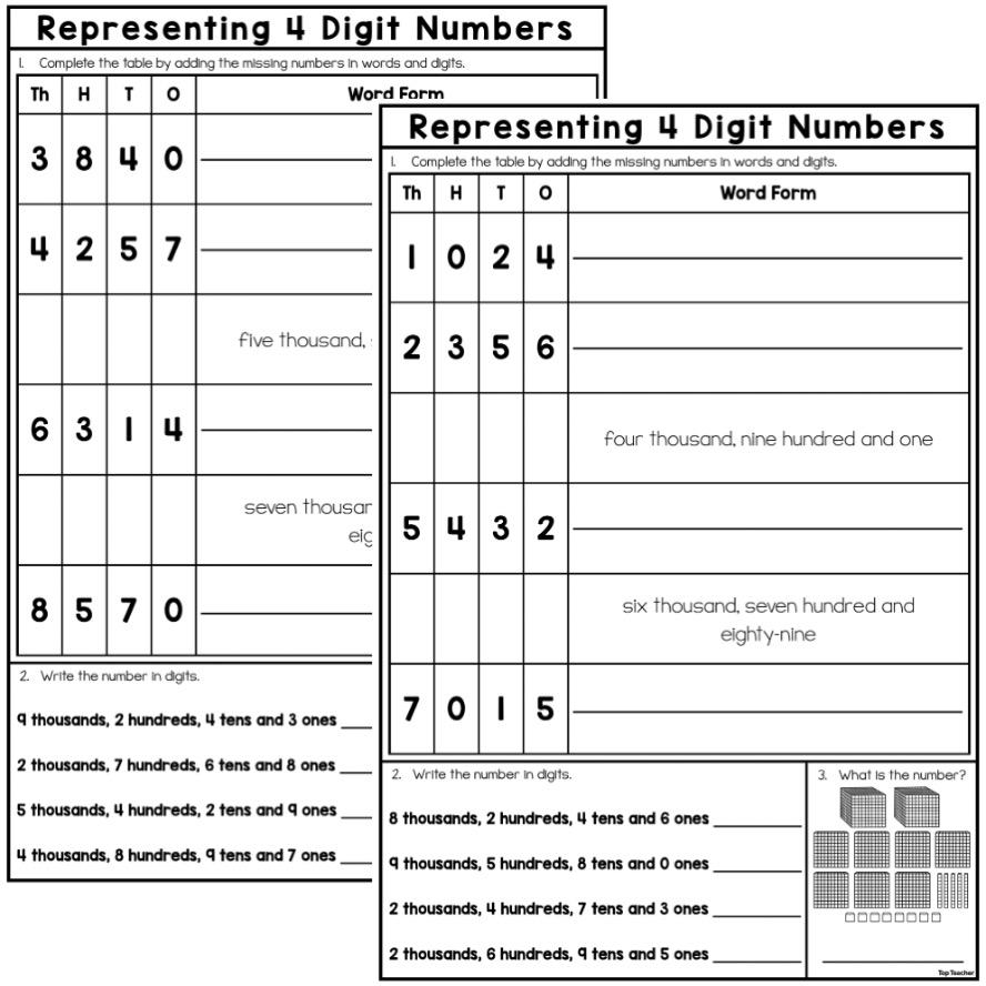 Representing 4 Digit Numbers: Place Value Worksheets - Top Teacher