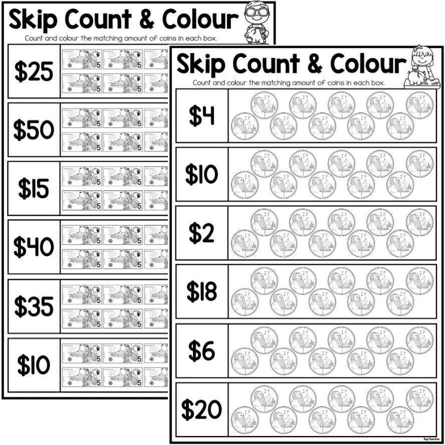 Skip Count & Colour Money Worksheets - Top Teacher