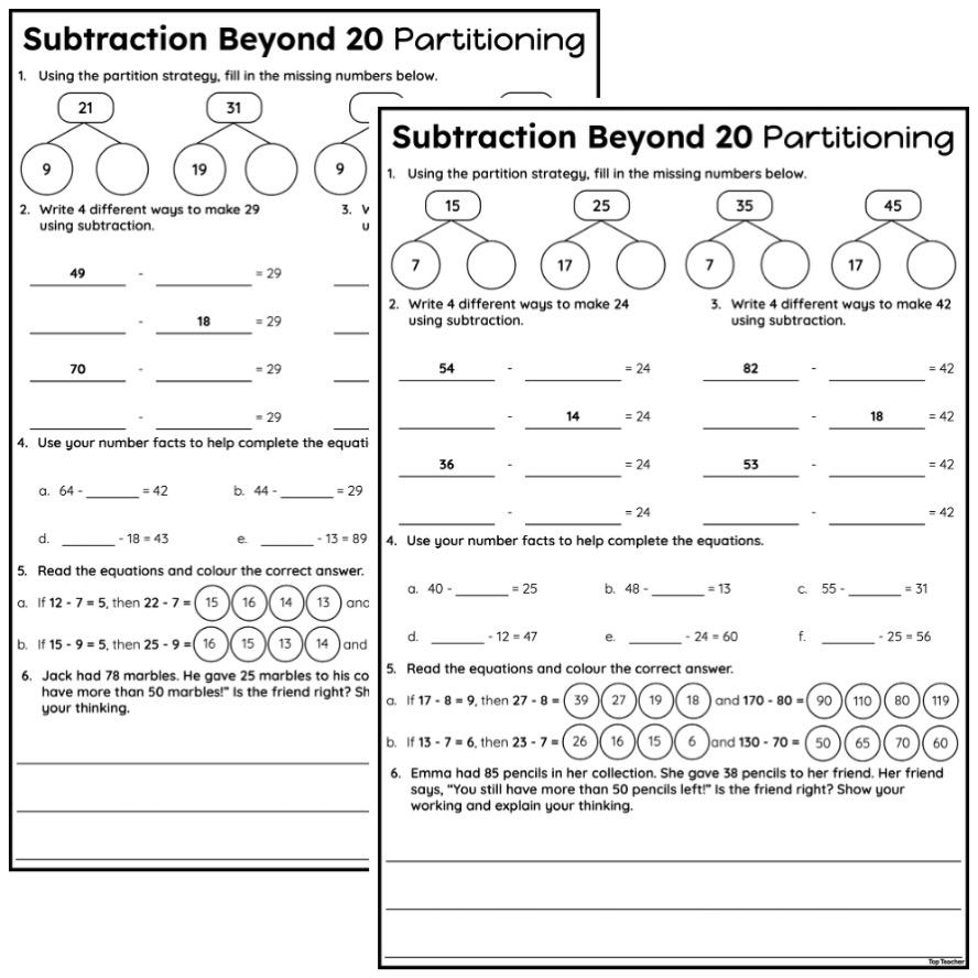 Subtraction Beyond 20 Partitioning Worksheets - Top Teacher