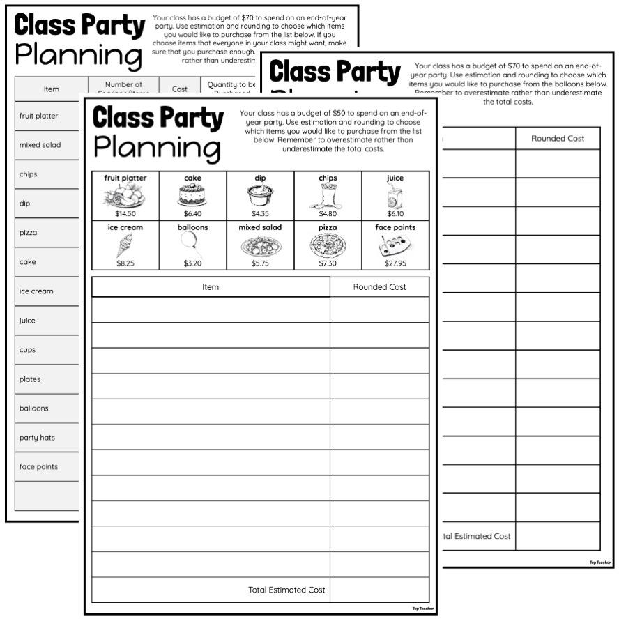 Class Party Planning Worksheets: Estimating Money Edition - Top Teacher