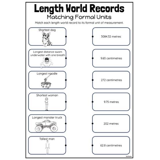 Length World Records: Matching Formal Units Worksheets - Top Teacher