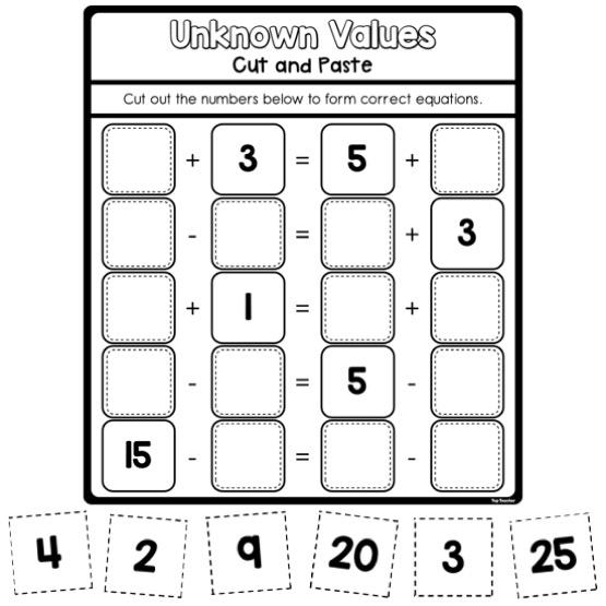 Unknown Values Cut & Paste Worksheet - Top Teacher