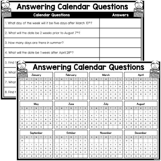 Answering Calendar Questions Worksheets - Top Teacher
