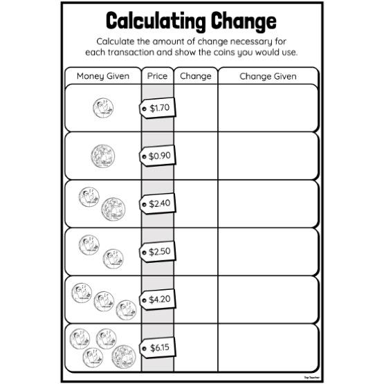 Calculating Change: Money Worksheet - Top Teacher