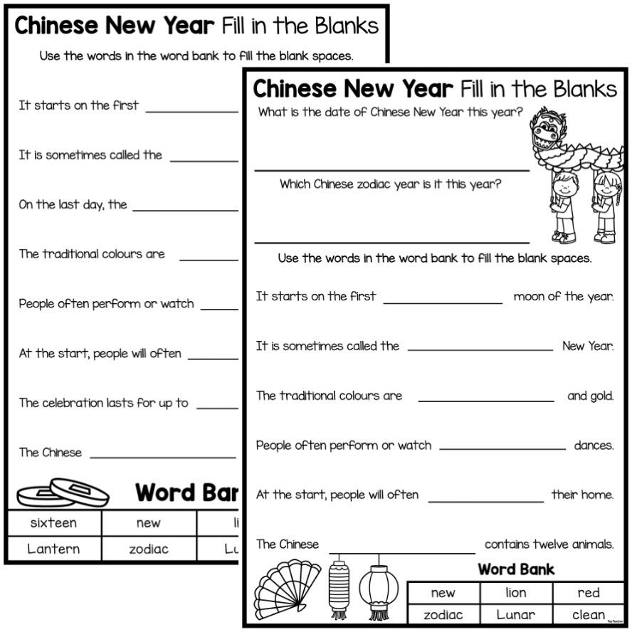 Chinese New Year: Fill in the Blanks Worksheets - Top Teacher