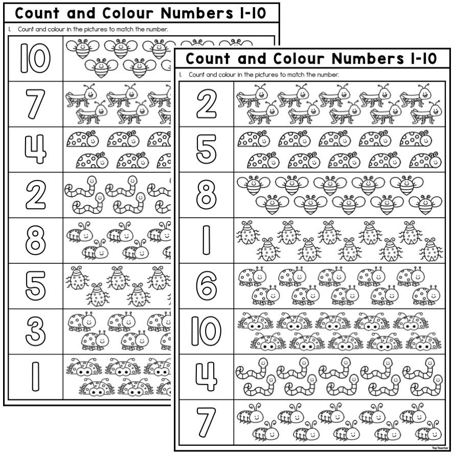 Count & Colour Bugs: Numbers 1-10 Worksheets - Top Teacher