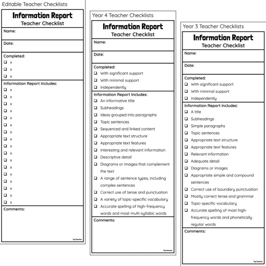 Information Report Writing: Year 3 & 4 Teacher Checklists - Top Teacher