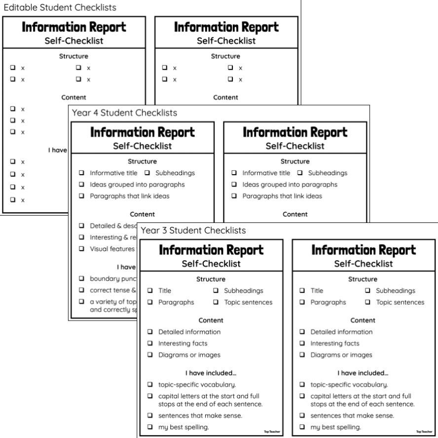 Information Report Writing: Year 3 & 4 Student Checklists - Top Teacher