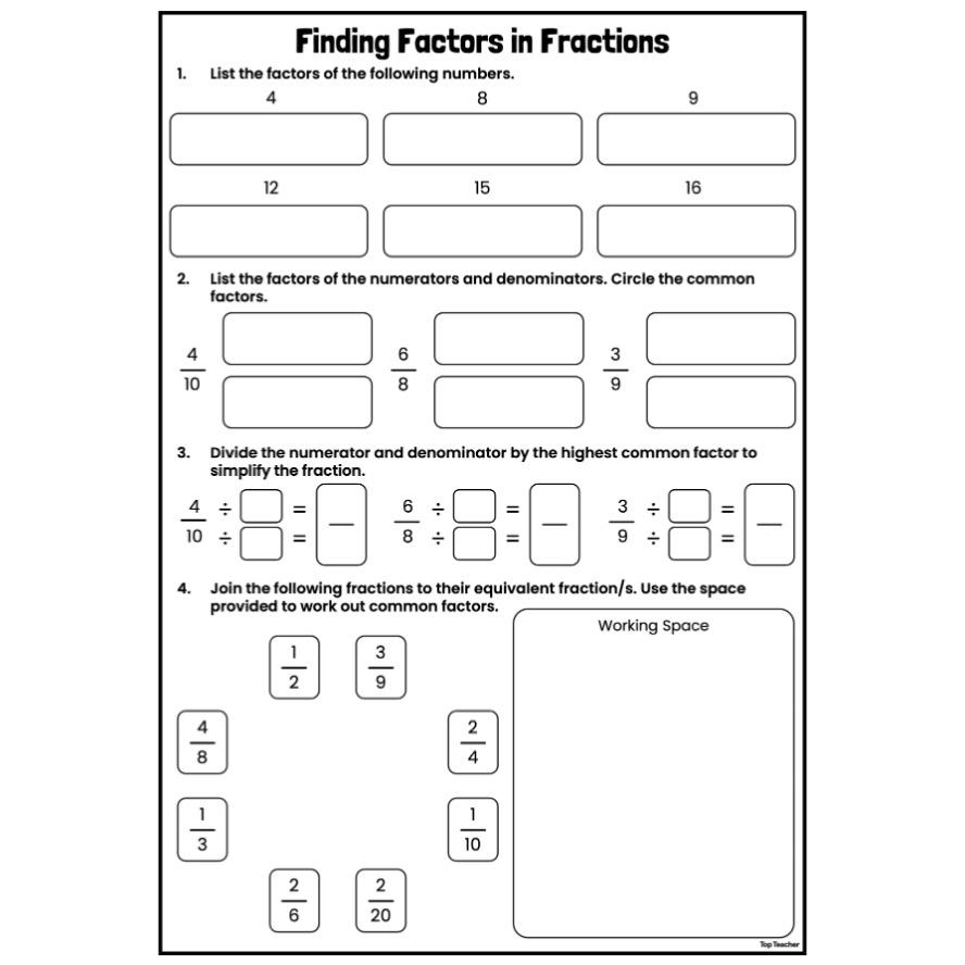 Finding Factors in Fractions Worksheets - Top Teacher