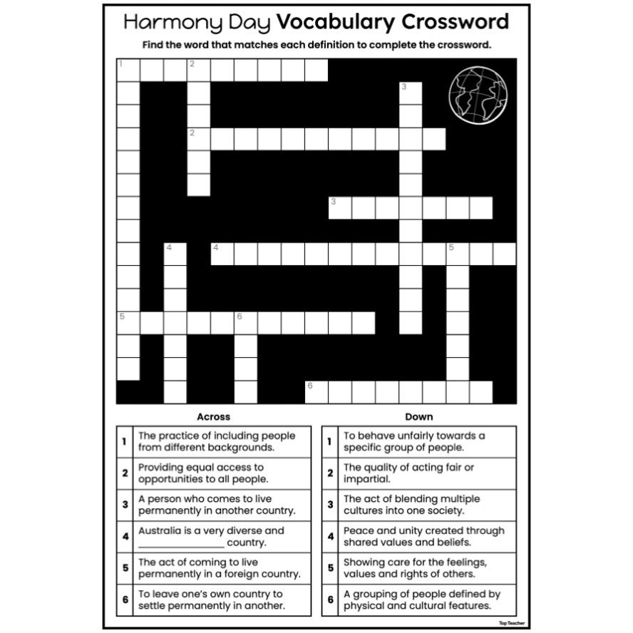 Harmony Day: Vocabulary Crossword Worksheet - Top Teacher