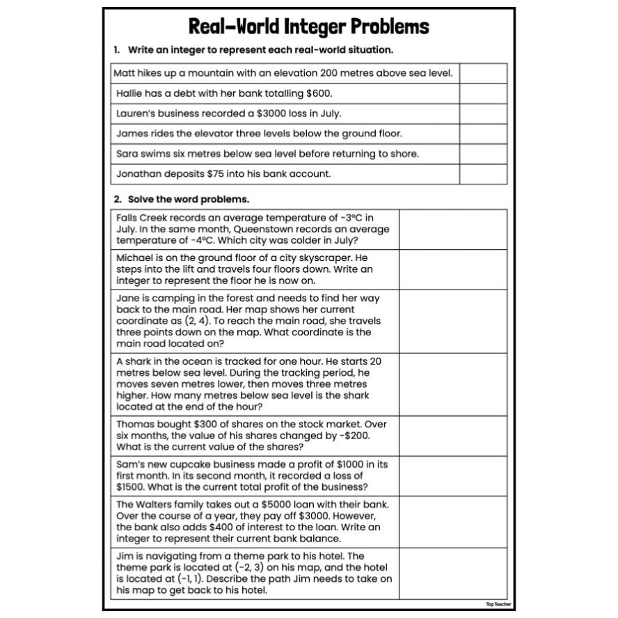 Real-World Integer Problems Worksheets - Top Teacher