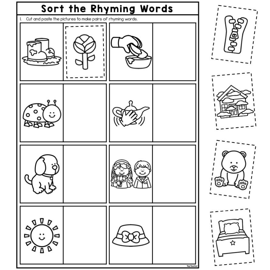 Sort the Rhyming Words: Identifying Rhyme Worksheets - Top Teacher