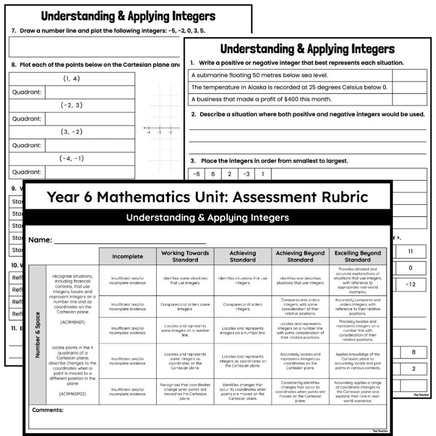Understanding & Applying Integers Assessment - Top Teacher