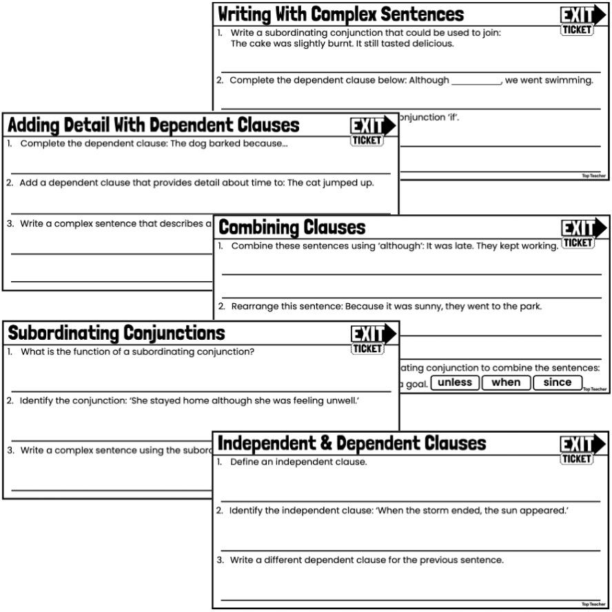 Complex Sentences & Conjunctions Exit Tickets PACKAGE - Top Teacher