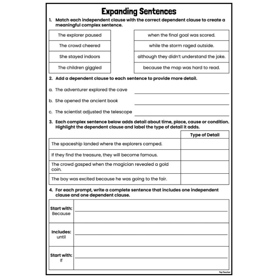 Expanding Sentences: Complex Sentence Worksheets - Top Teacher