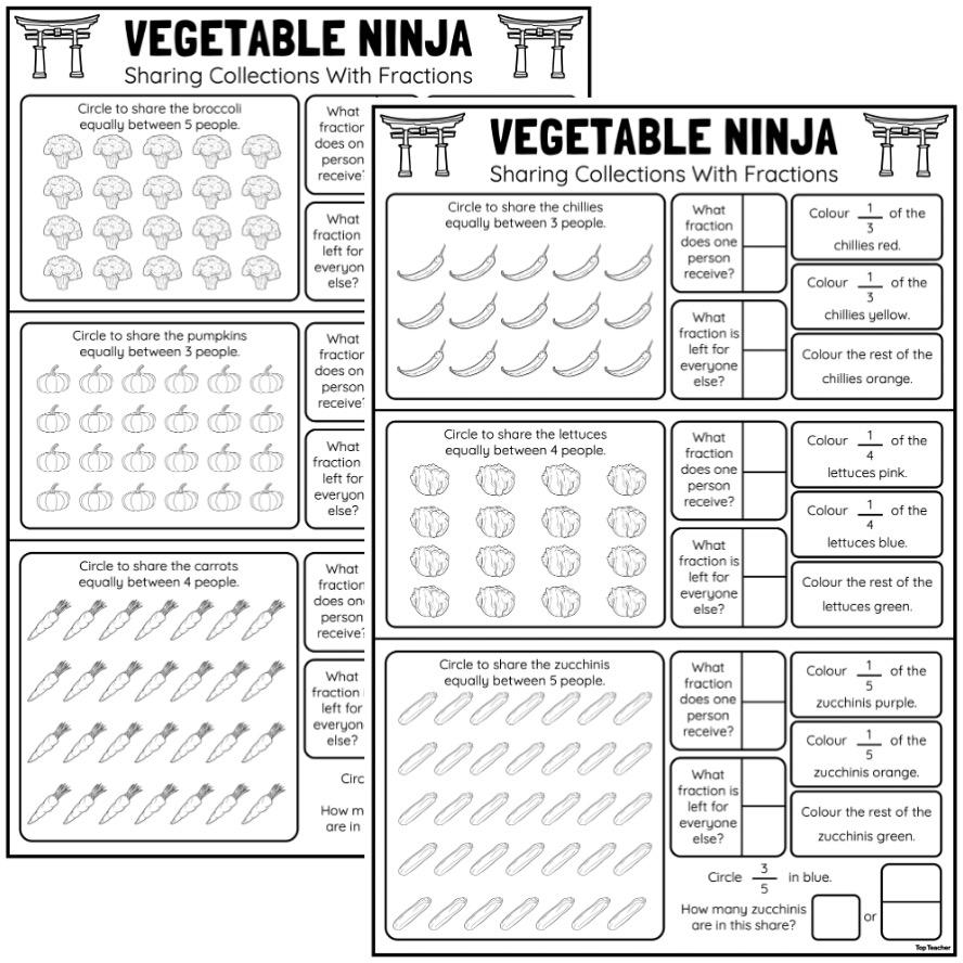 Vegetable Ninja: Sharing Collections With Fractions Worksheets - Top ...
