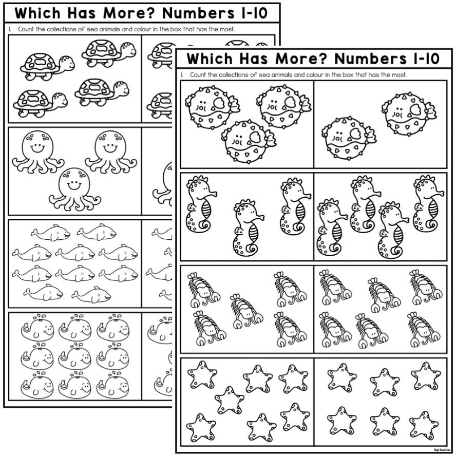 Which Has More? Comparing Numbers 1-10 Worksheets - Top Teacher