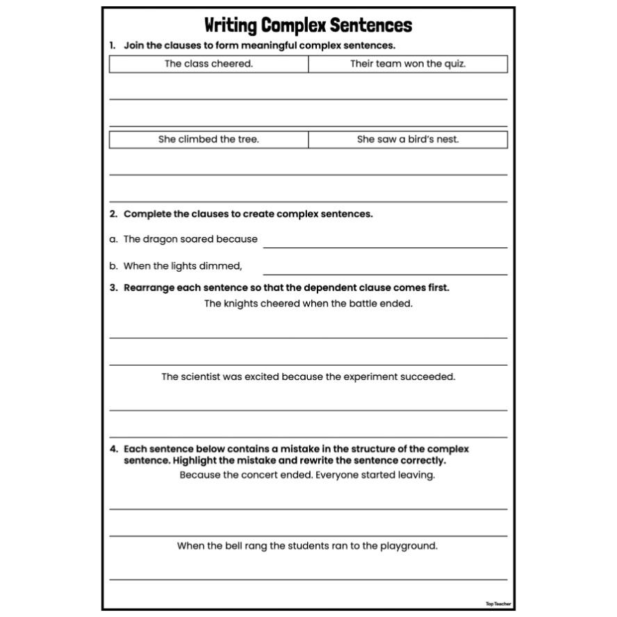 Writing Complex Sentences Worksheets - Top Teacher