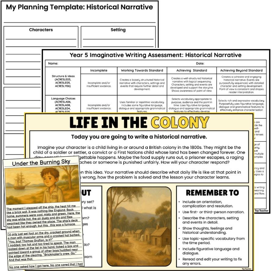 Life in the Colony Imaginative Historical Narrative Writing Assessment ...