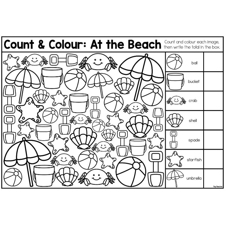 Count & Colour: At the Beach Counting to 10 Worksheet - Top Teacher