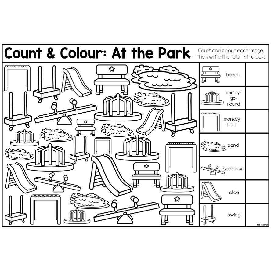 Count & Colour: At the Park Counting to 10 Worksheet - Top Teacher
