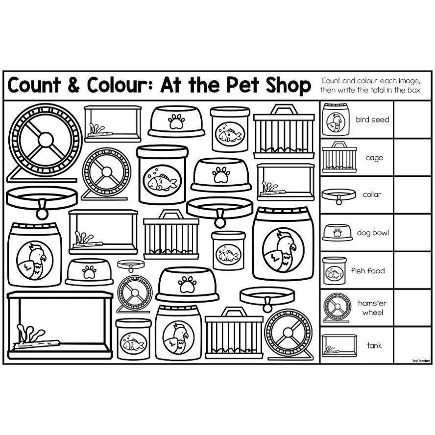 Count & Colour: At the Pet Shop Counting to 10 Worksheet - Top Teacher