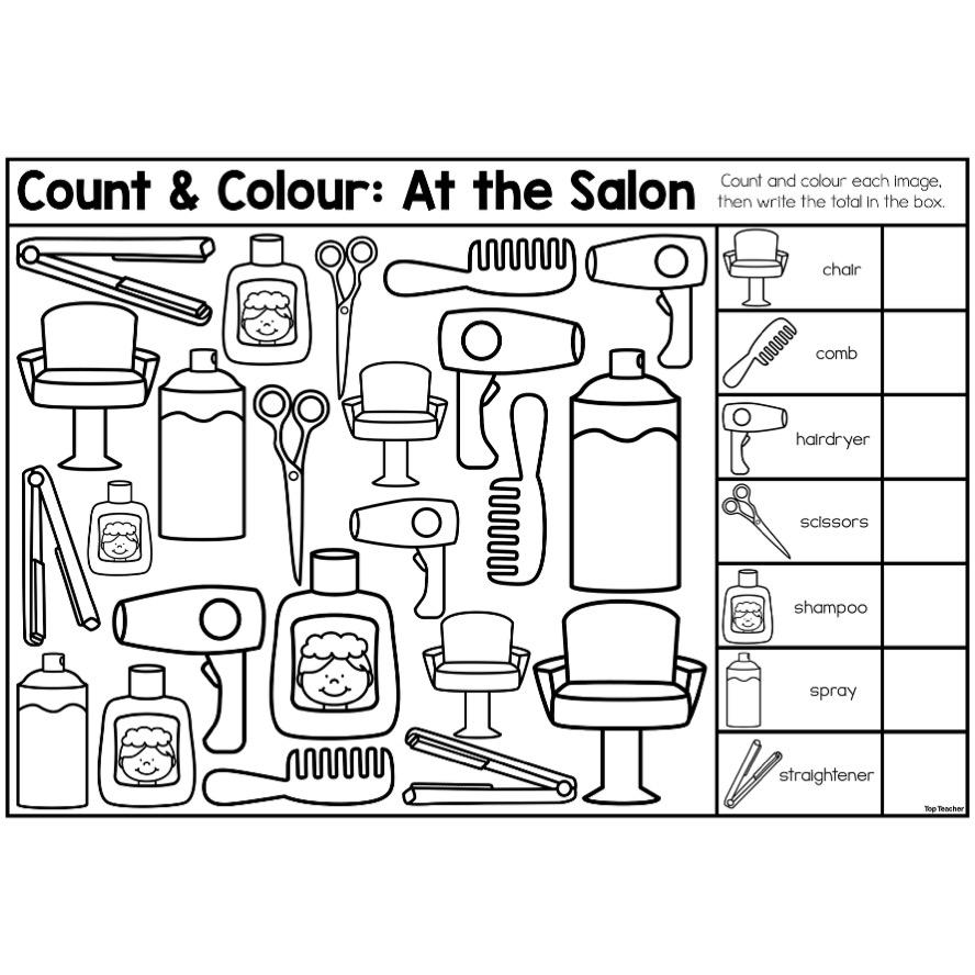 Count & Colour: At the Salon Counting to 10 Worksheet - Top Teacher
