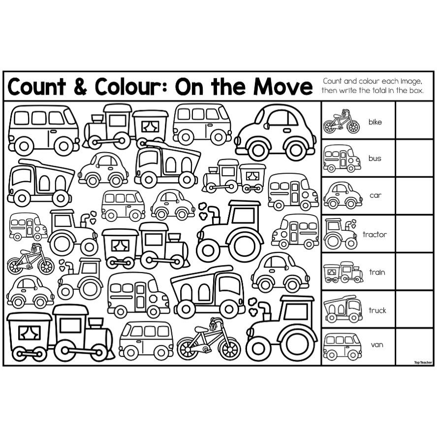 Count & Colour: On the Move Counting to 10 Worksheet - Top Teacher